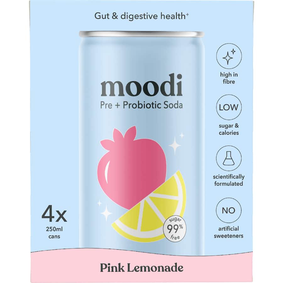 Moodi Pre + Probiotic Soda Pink Lemonade 4 Pack - Refreshing Drink ...