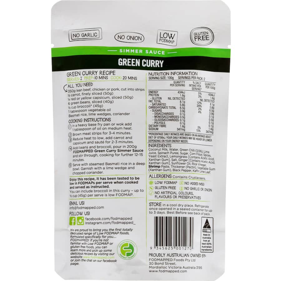 Fodmapped Simmer Sauce Green Curry Gluten Free – SmartfoxNZ